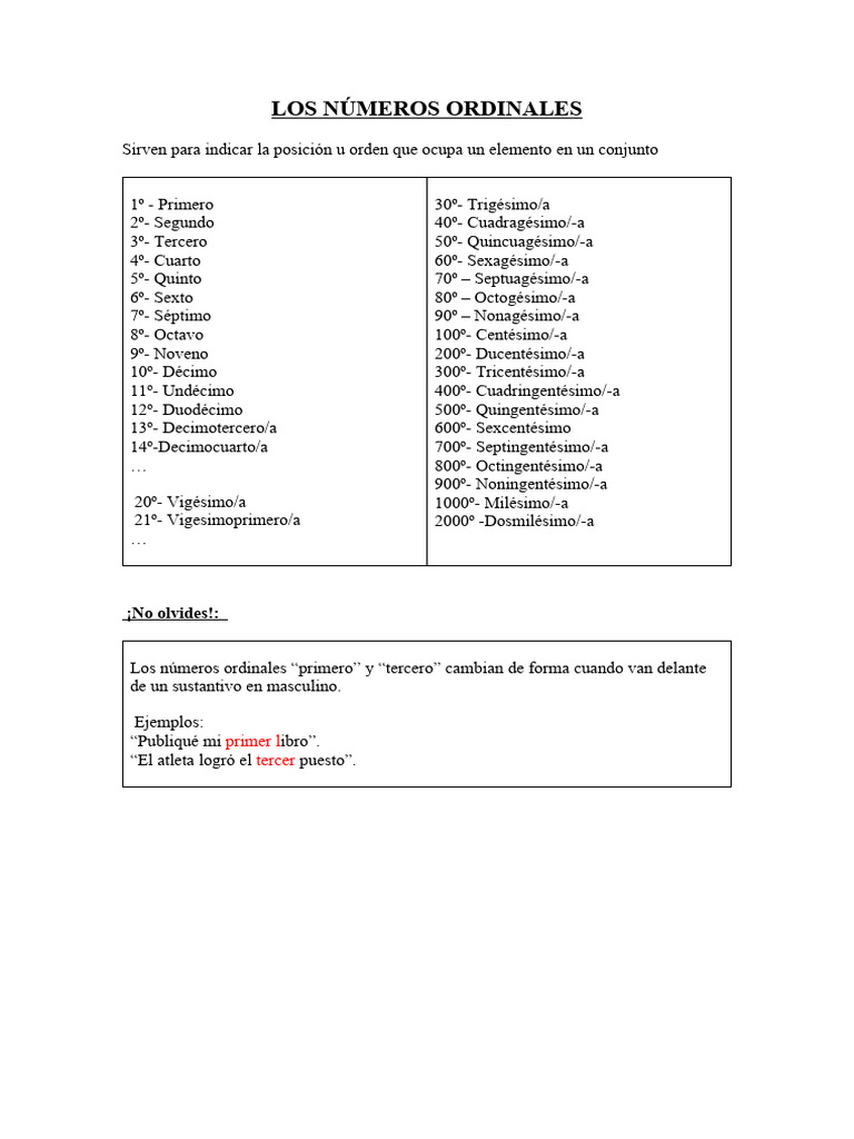 Los Números Ordinales | PDF