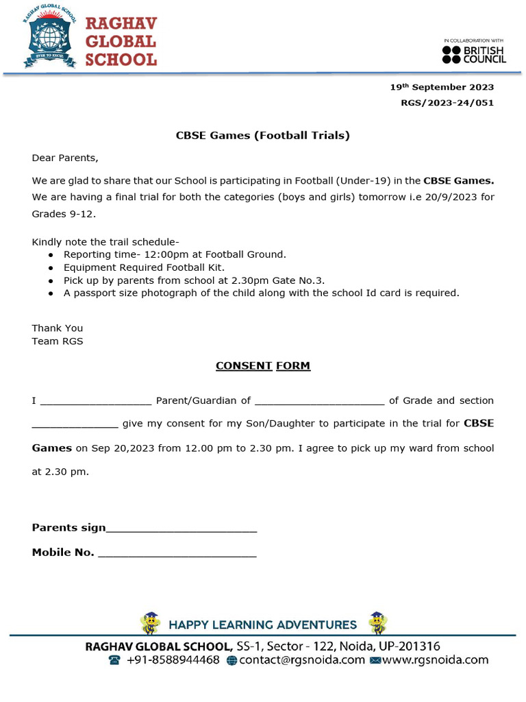 051 CBSE Football Trial Consent | PDF