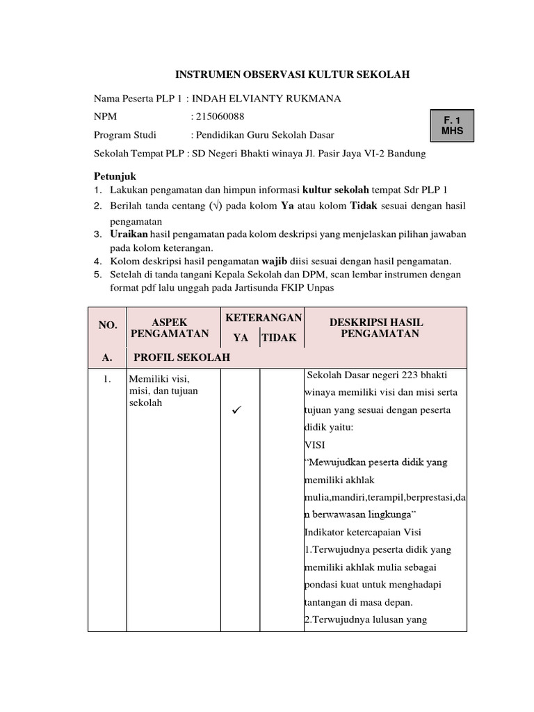Instrumen Observasi Kultur Sekolah: F. 1 MHS | PDF