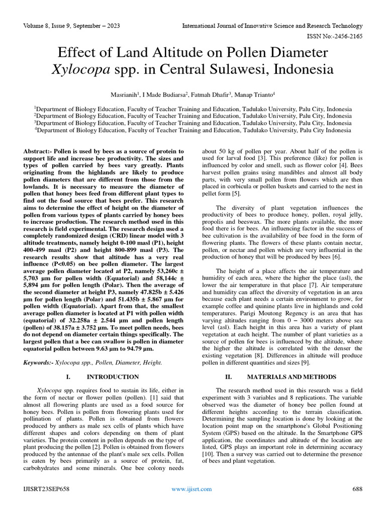 Effect of Land Altitude On Pollen Diameter Xylocopa Spp. in Central ...