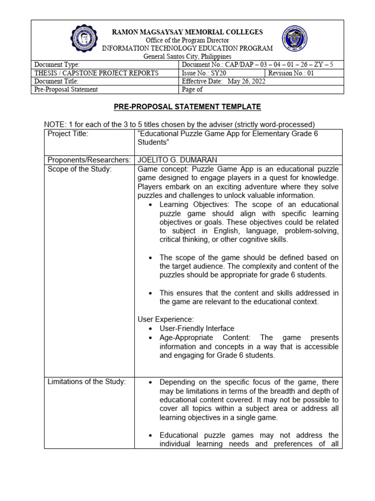 Grade 6 Puzzle Game Proposal | PDF | Art