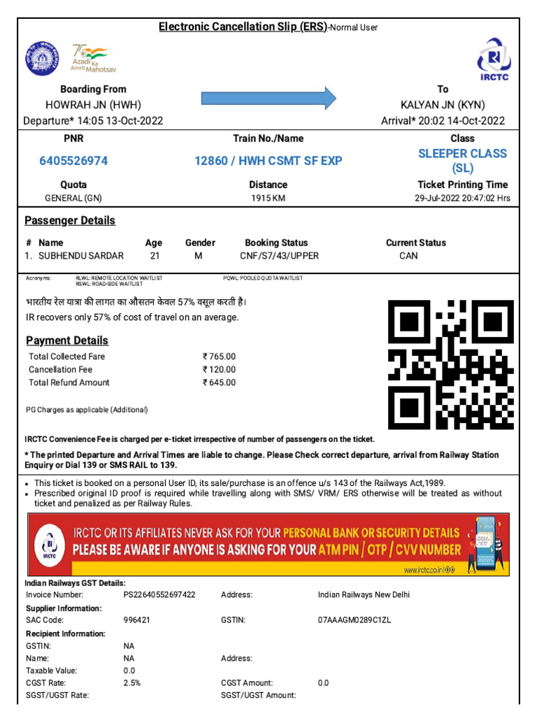 HWH CSMT SF Exp Sleeper Class (SL) | PDF | Identity Document