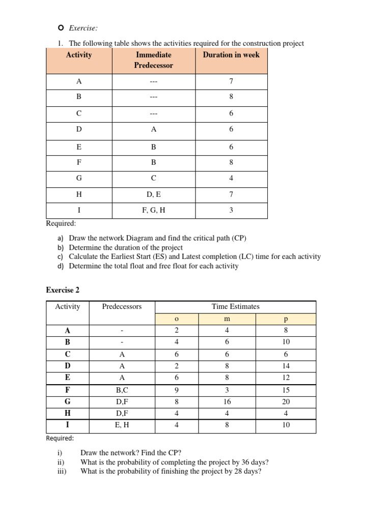 Project Planning & Scheduling Exercise | PDF