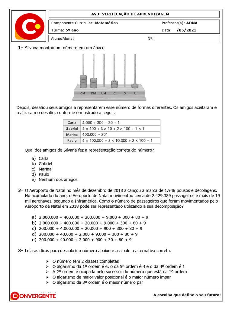AV3 Matemática 5º Ano | Download grátis PDF | Multiplicação | Matemática