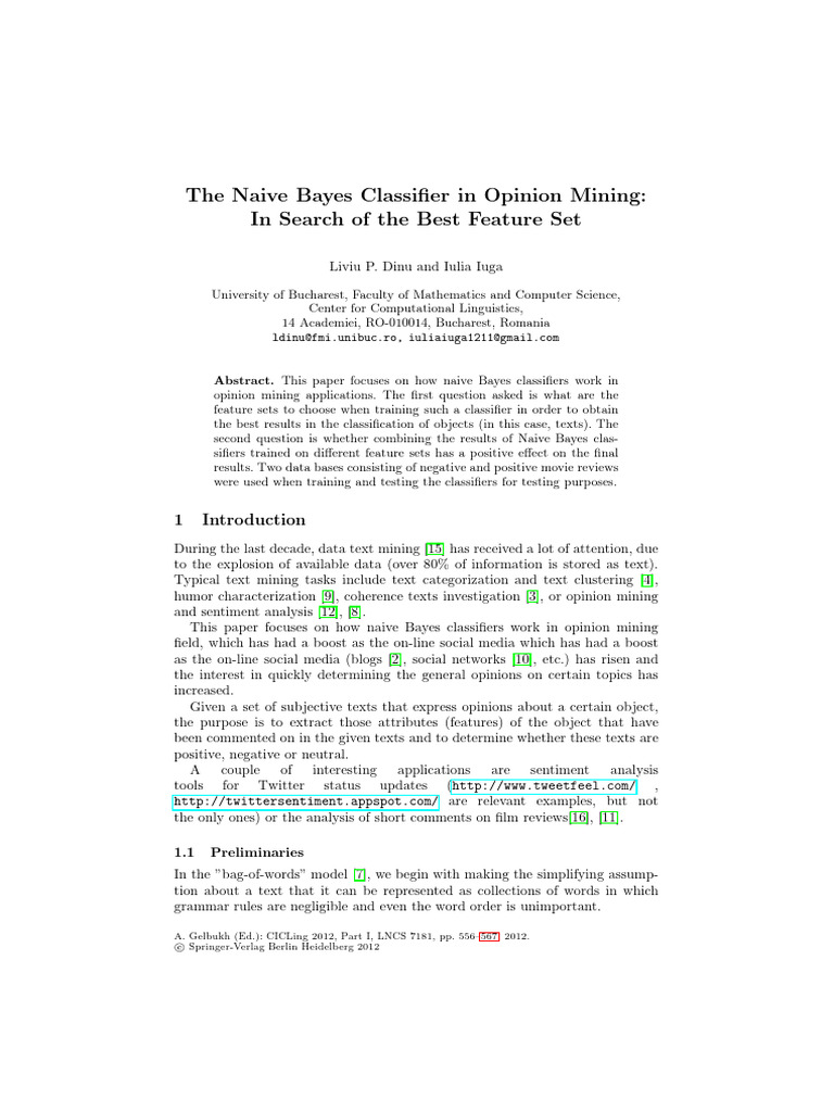 2012 Liviu P. Dinu, Iulia Iuga, 2012. The Naive Bayes Classifier in ... 2012 Liviu P. Dinu, Iulia Iuga, 2012. The Naive Bayes Classifier in ...