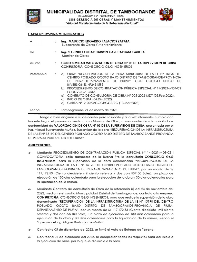 Carta 039 Val #03 Superv Ie Ocoto Bajo | PDF