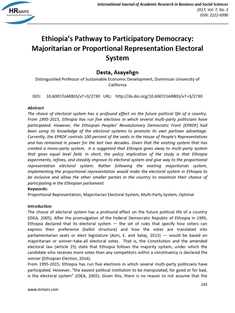 Ethiopia's Pathway To Participatory Democracy Majoritarian or Proportional Representation ...
