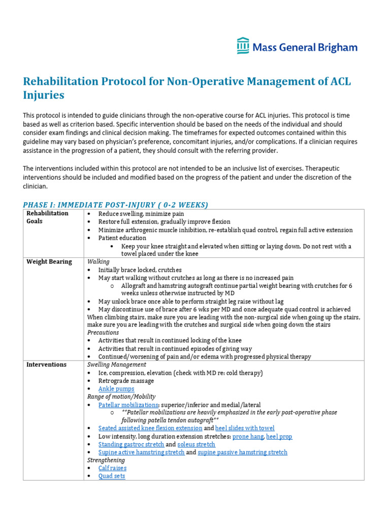 Rehabilitation Protocol For Non Operative Acl Repair | PDF