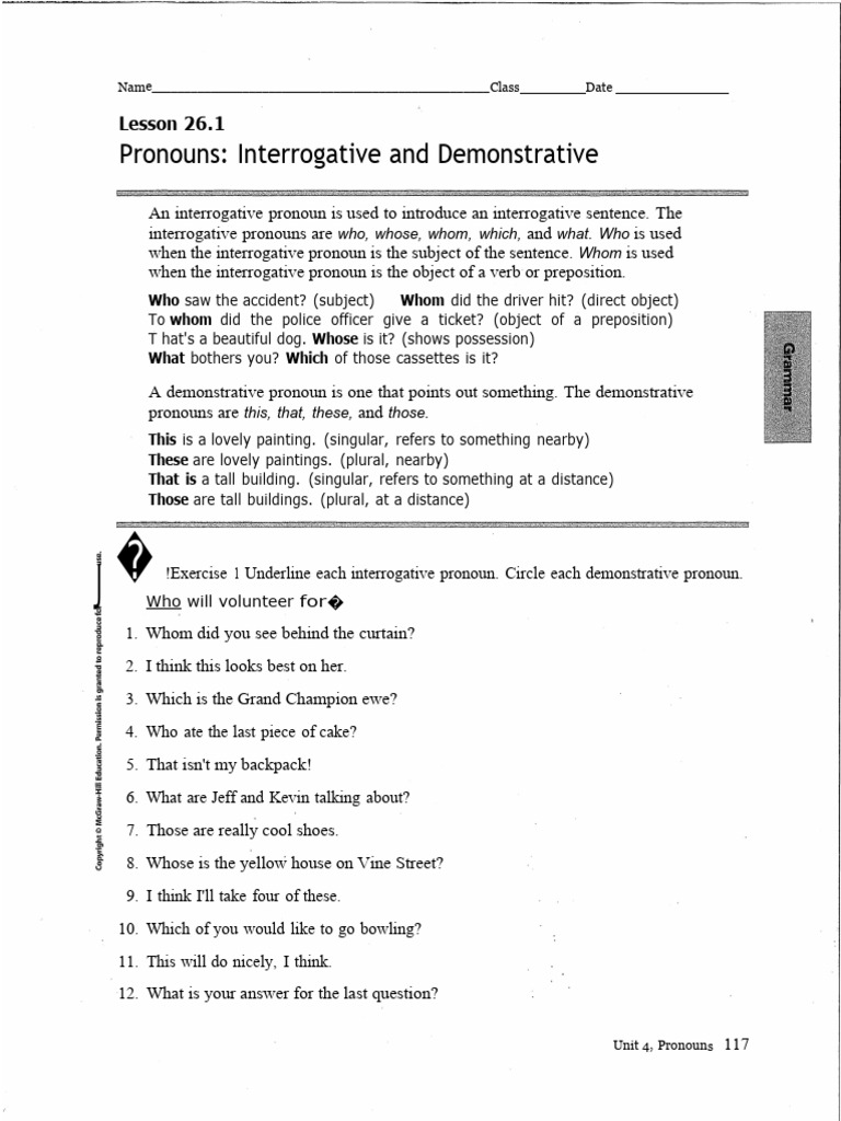 Grammar 7 Lesson 26.1 Pronouns Interrogative and Demonstrative | PDF | Language Arts & Discipline