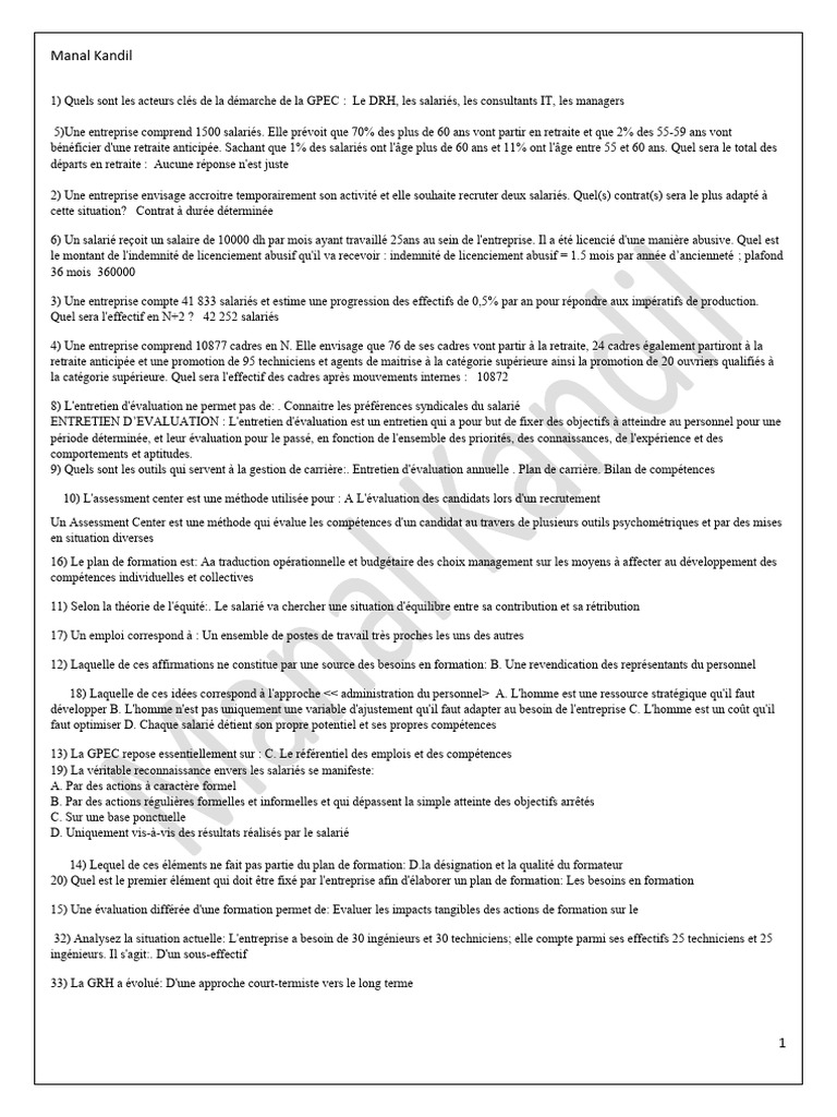 QCM GRH | PDF | Entretien d'évaluation | Business