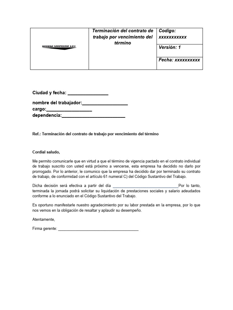 Carta de Preaviso Terminación de Contrato Fijo | PDF