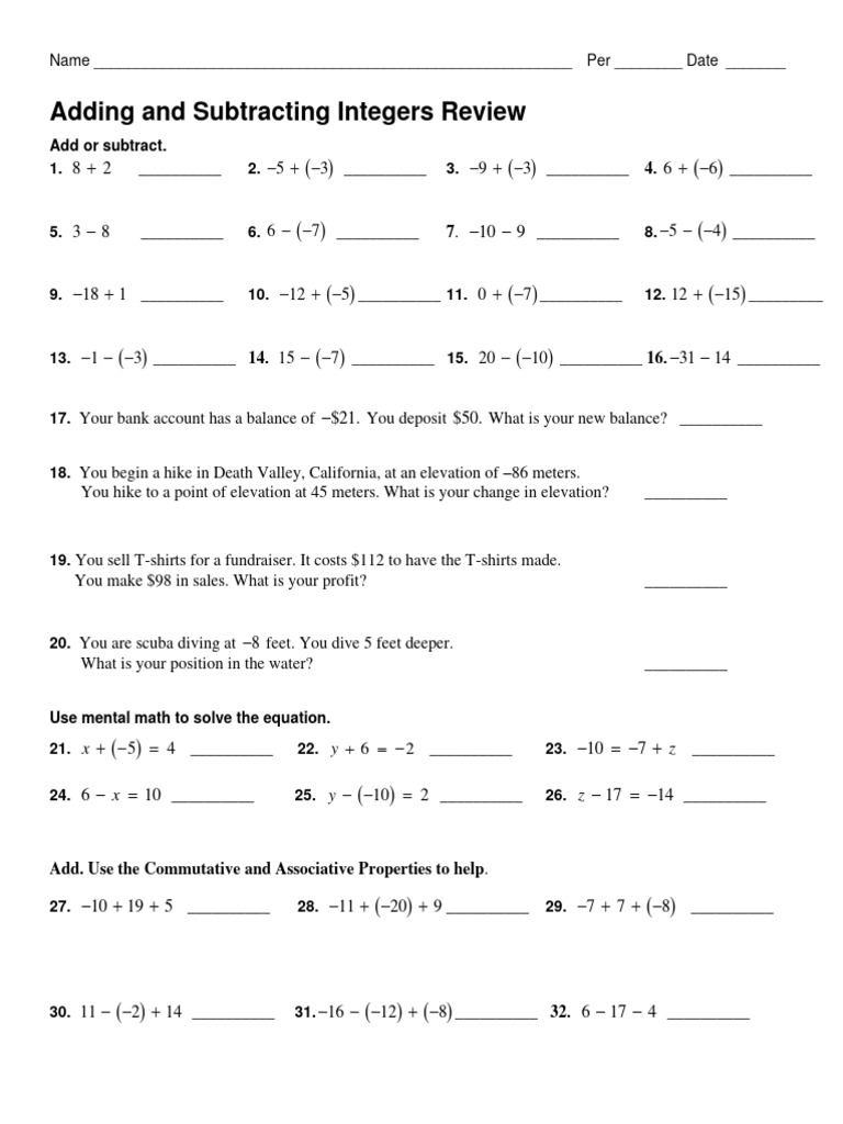 Adding and Subtracting Integers Review Worksheet | PDF | Arithmetic | Mathematical Concepts