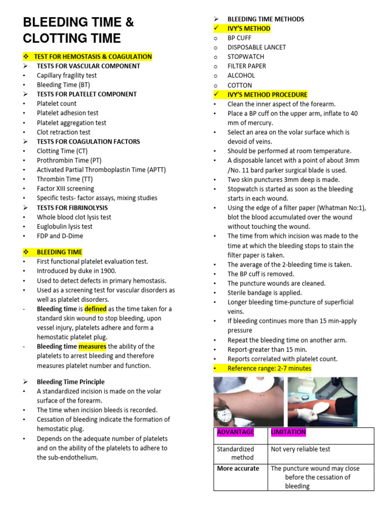 Bleeding Time and Clotting Time | PDF | Bleeding | Hemostasis