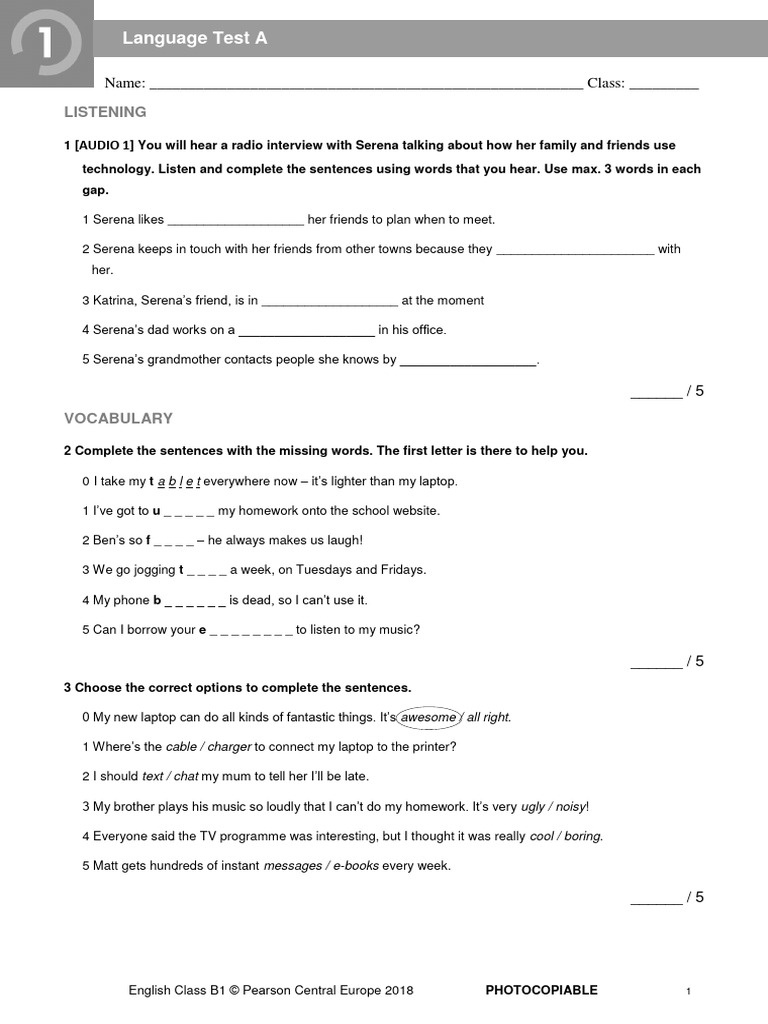 English B1 Student Language Test | PDF