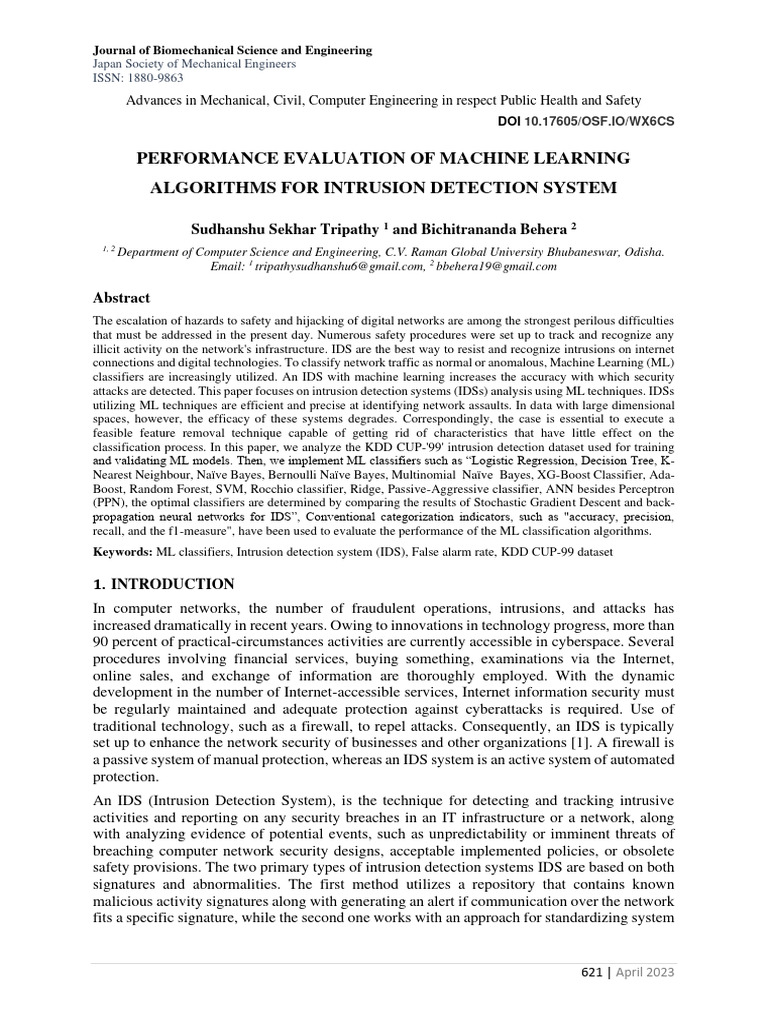 Performance Evaluation Of Machine Learning Algorithms For Intrusion Detection System Pdf