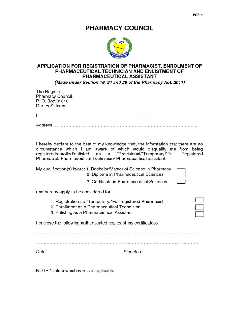 Application For Registration of Pharmacist, Enrolment of Pharmaceutical Technician and ...