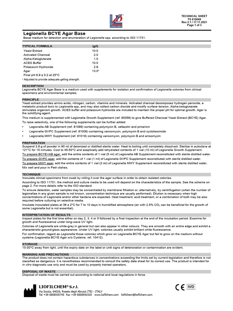 Legionella BCYE Agar Base: Typical Formula (G/L) | PDF