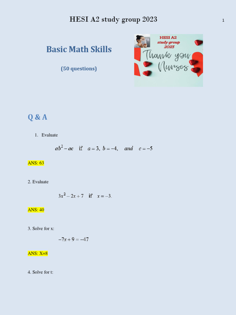 Basic Math Skills For HESI A2 | PDF