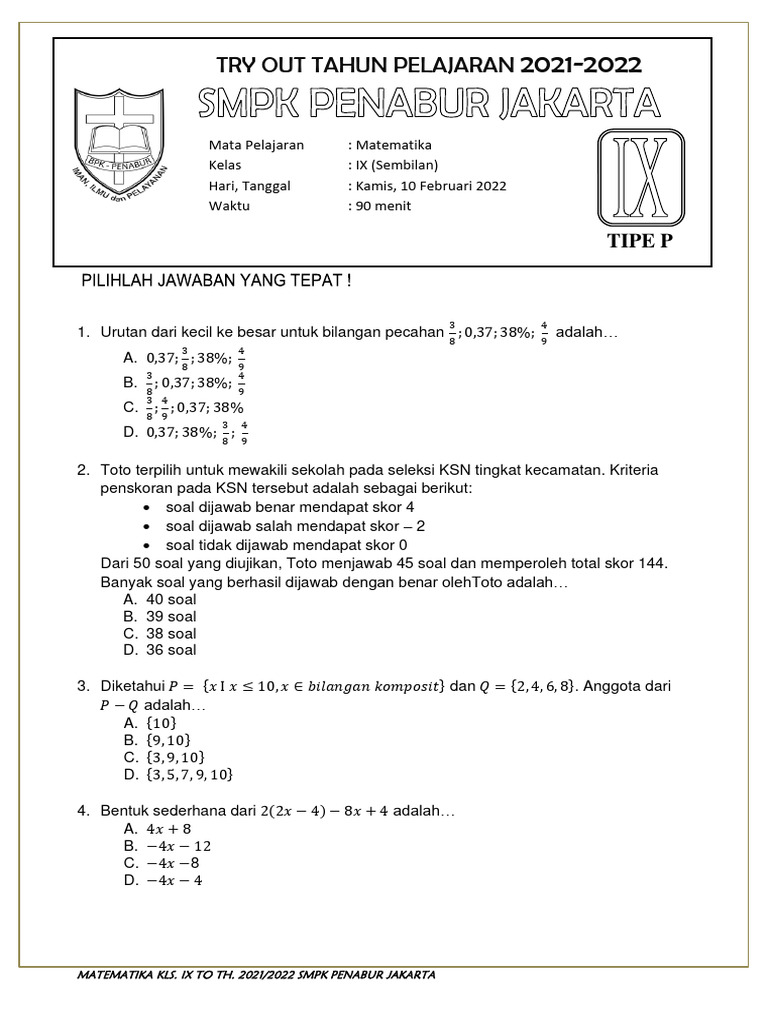 (NAS) NASKAH SOAL TO MAT Penabur 21 - 22 Tipe P | PDF
