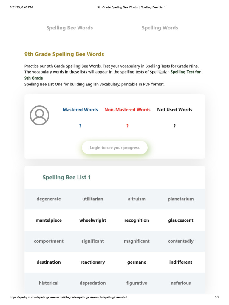 9th Grade Spelling Bee Words, - Spelling Bee List 1 | PDF