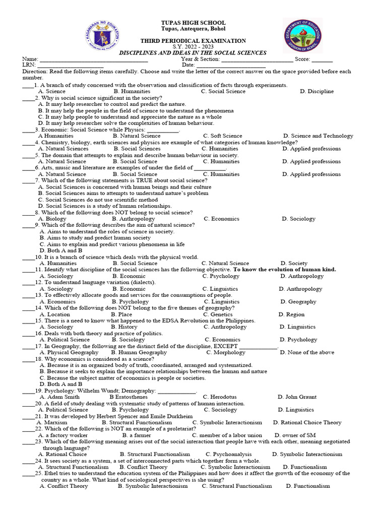 Social Sciences Exam Questions | PDF