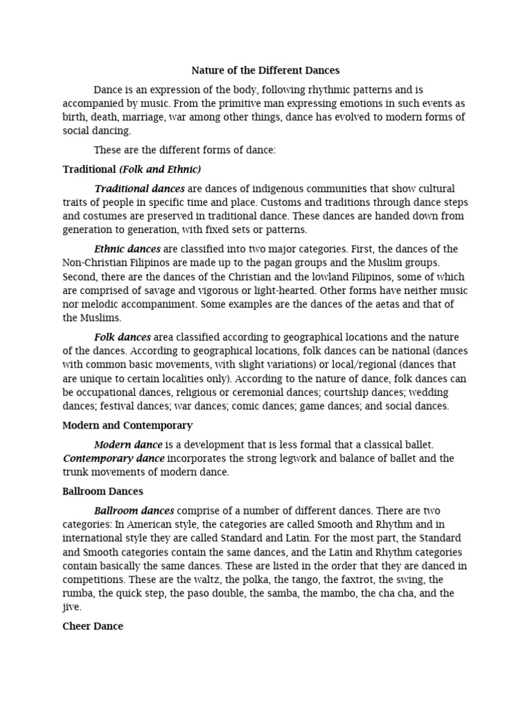 Nature of The Different Dances M1 | PDF | Dances | Ballroom Dance
