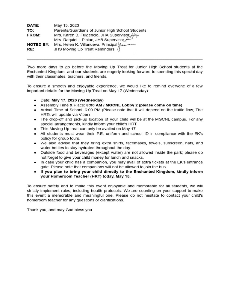 JHS Moving Up Treat Guidelines 2023 | PDF