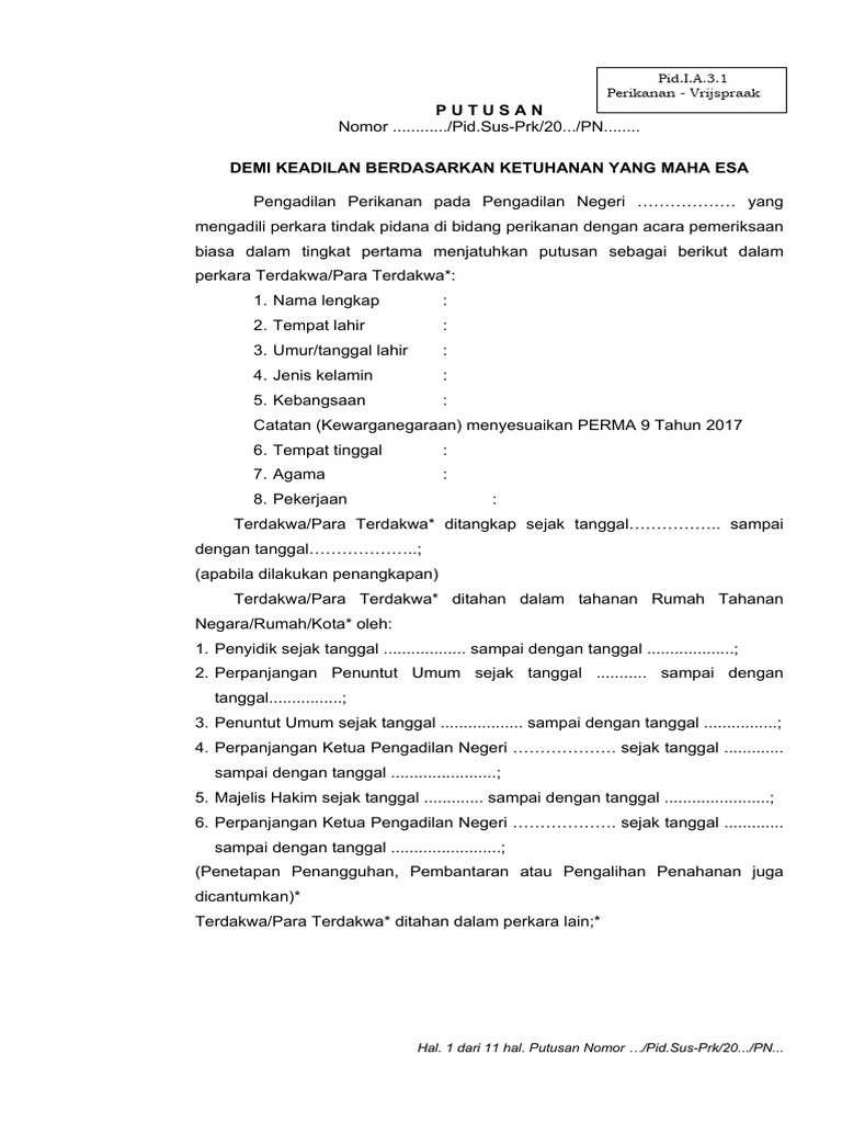 Template Putusan Pidana Perikanan SK KMA 359 2022 | PDF