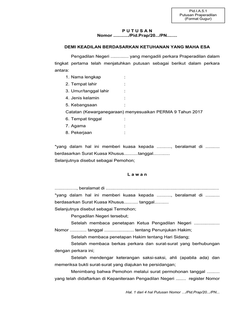 Template Putusan Praperadilan SK KMA 359 2022 | PDF