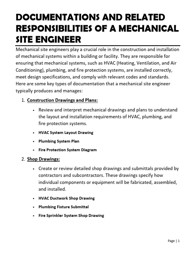 Mechanical Site Engineer Responsibilities | PDF | Engineering | Civil ...