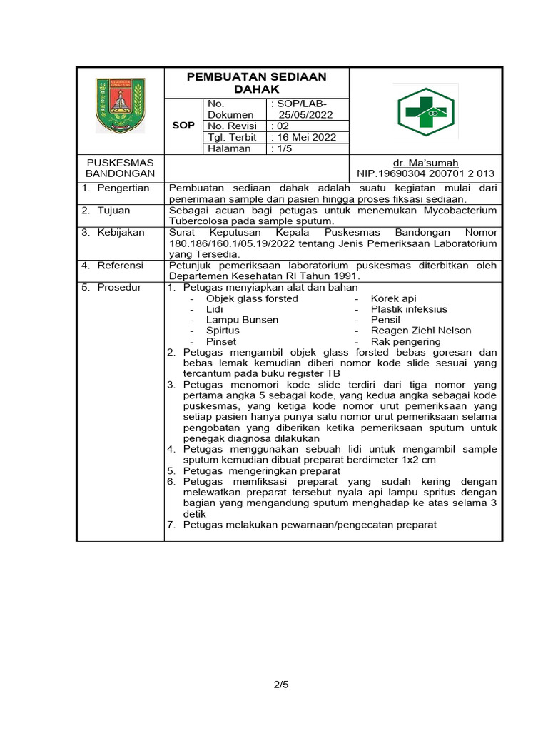 Prosedur Pembuatan Sediaan Dahak | PDF