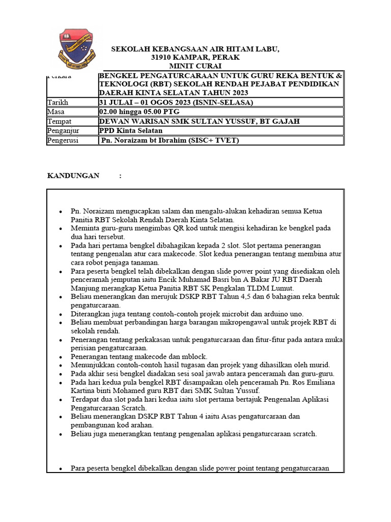 Minit Curai Bengkel Pengaturcaraan RBT 2023 | PDF
