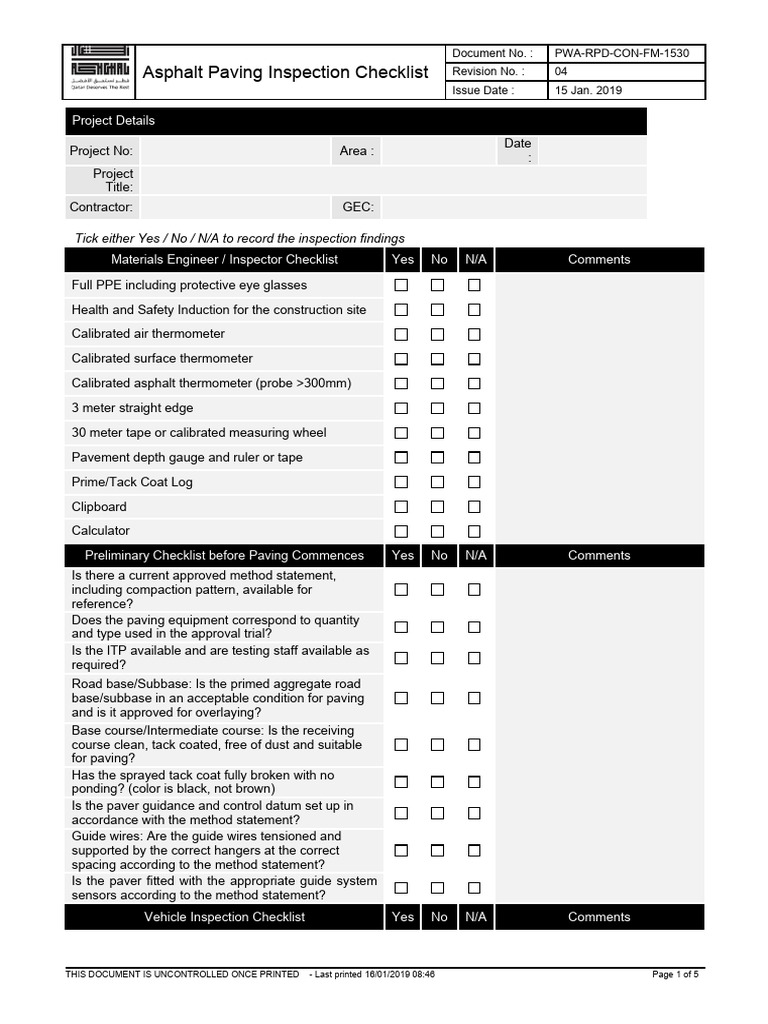 PWA-RPD-CON-FM-1530 Asphalt Paving Inspection Checklist | PDF