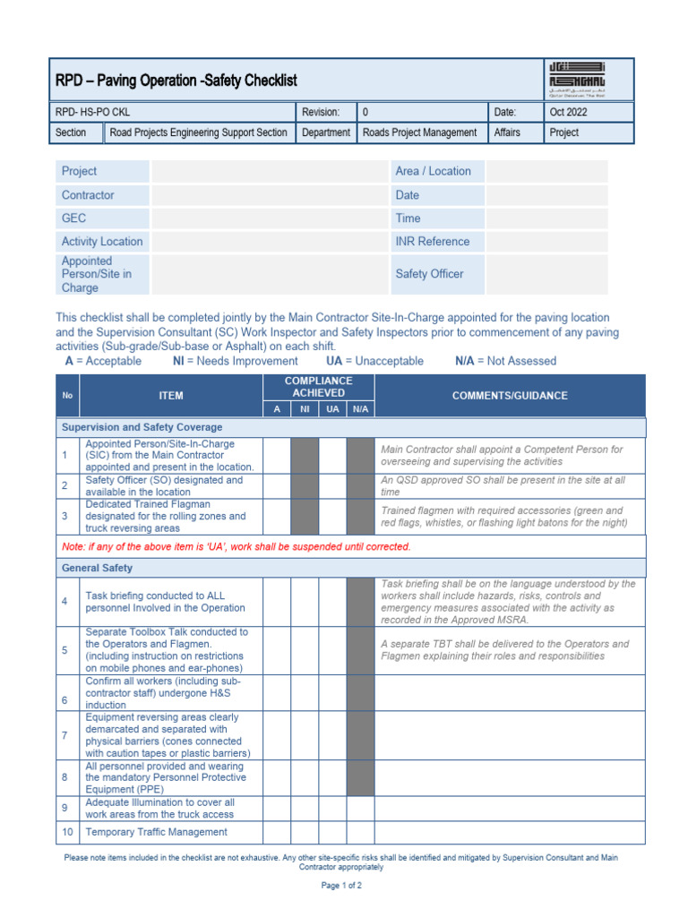 RPD-HS-Paving Operation - Safety Checklist-Rev.1 | PDF