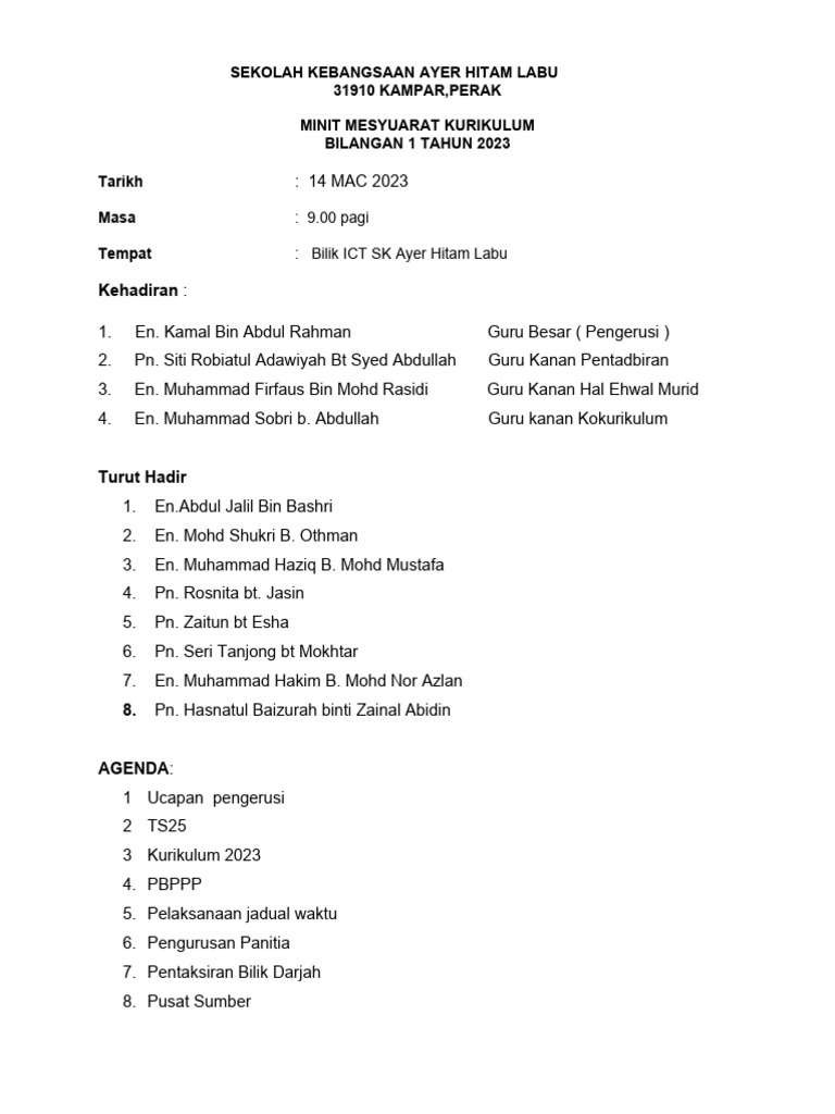Minit Mesyuarat Kukurikulum Bil 1 2023-24 | PDF