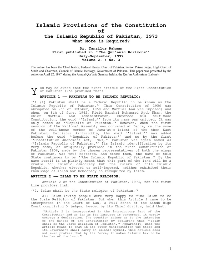 Islamic Provisions in Pakistan's 1973 Constitution | PDF