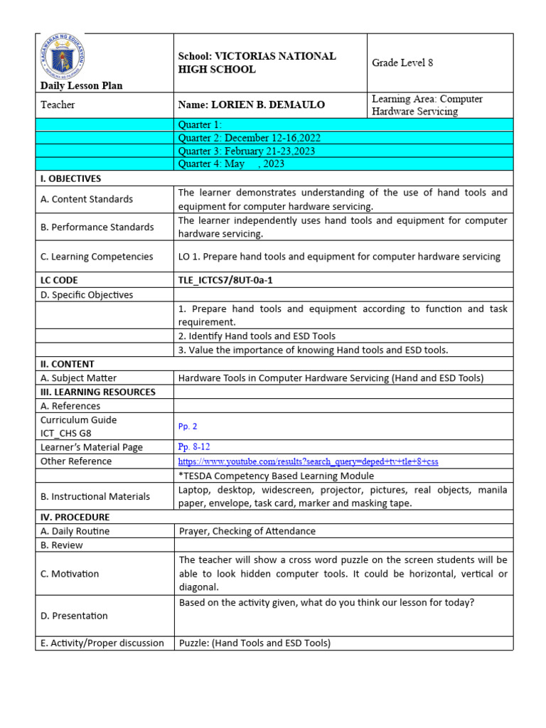 Daily Lesson Log CHS 8 ESD & Hand Tools | PDF | Learning | Computer Hardware