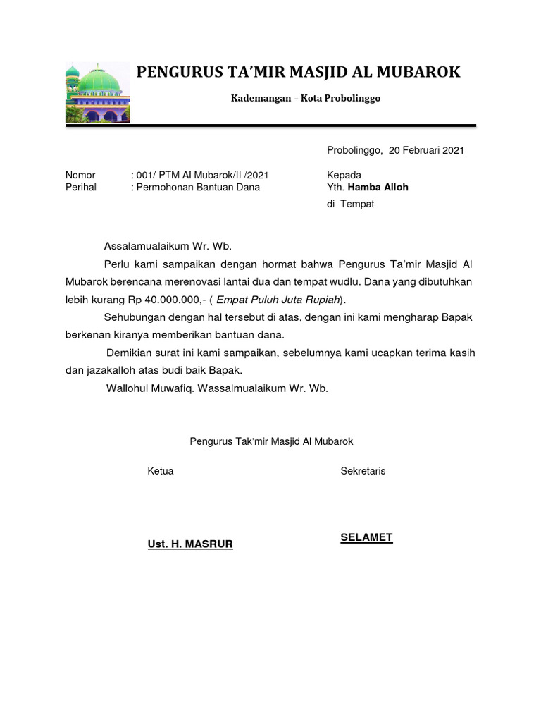 Surat Permohonan Dana Masjid | PDF