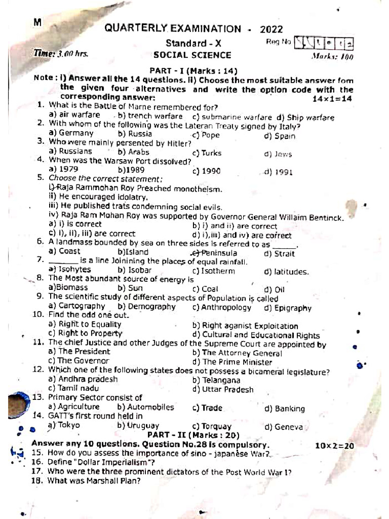 10th Social EM Quarterly Question Paper September 2022 Madurai | PDF