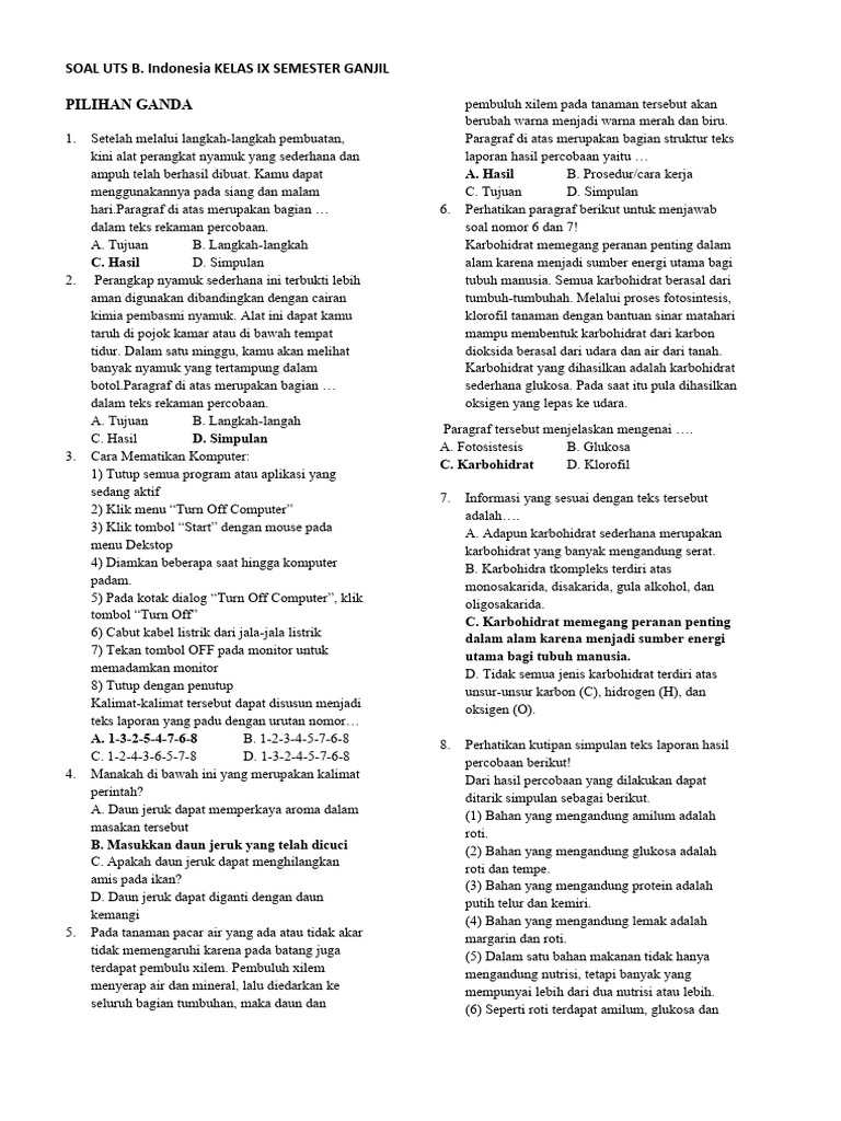 Soal Uts Bahasa Indonesia Kelas Ix Sem - Ganjil | PDF | Kajian Bahasa Asing