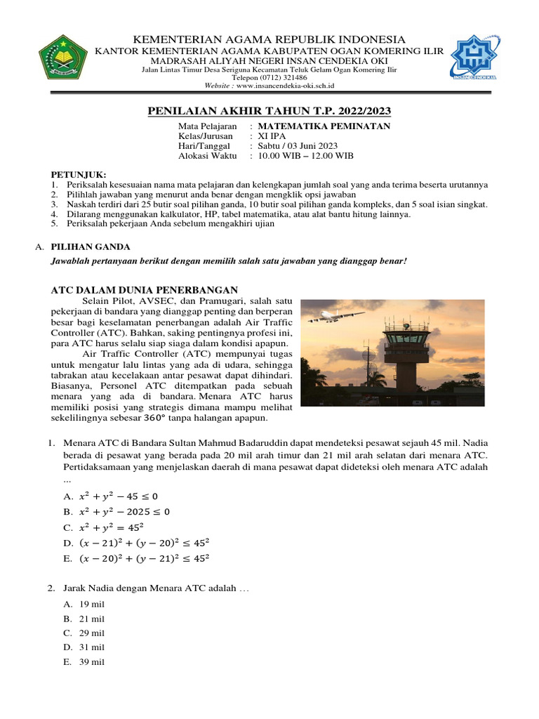 XI - Matematika Peminatan PAT 2023 | PDF