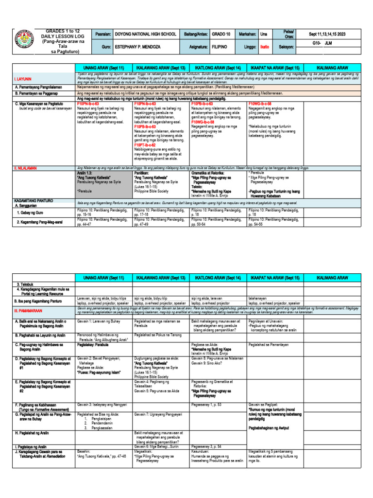 DLL in Filipino 10. Aralin 1.3 | PDF