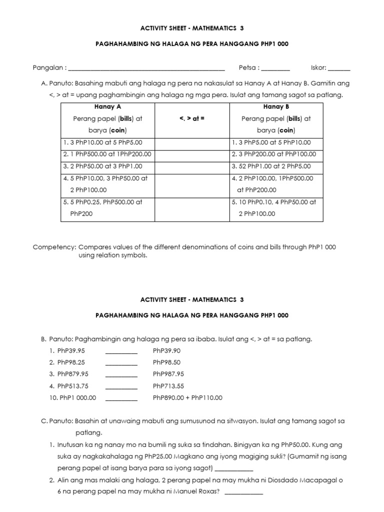 Activity Sheet Compares Values of The Different Denominations of Coins ...