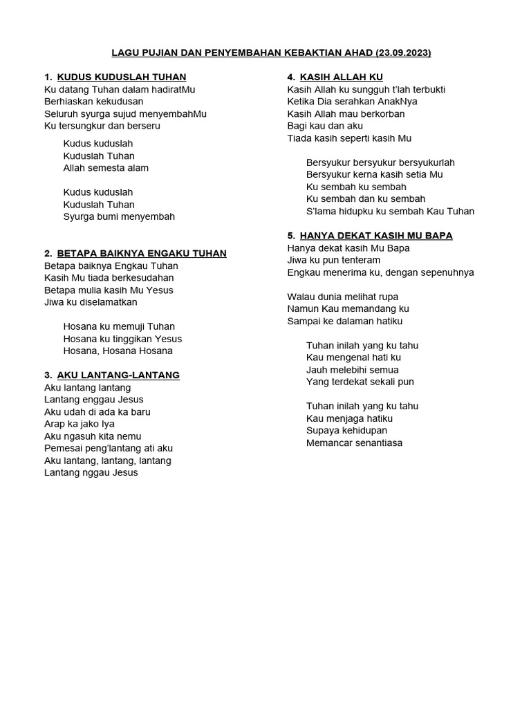 Lagu Pujian & Penyembahan Kebaktian Ahad - 23.09.2023 | PDF