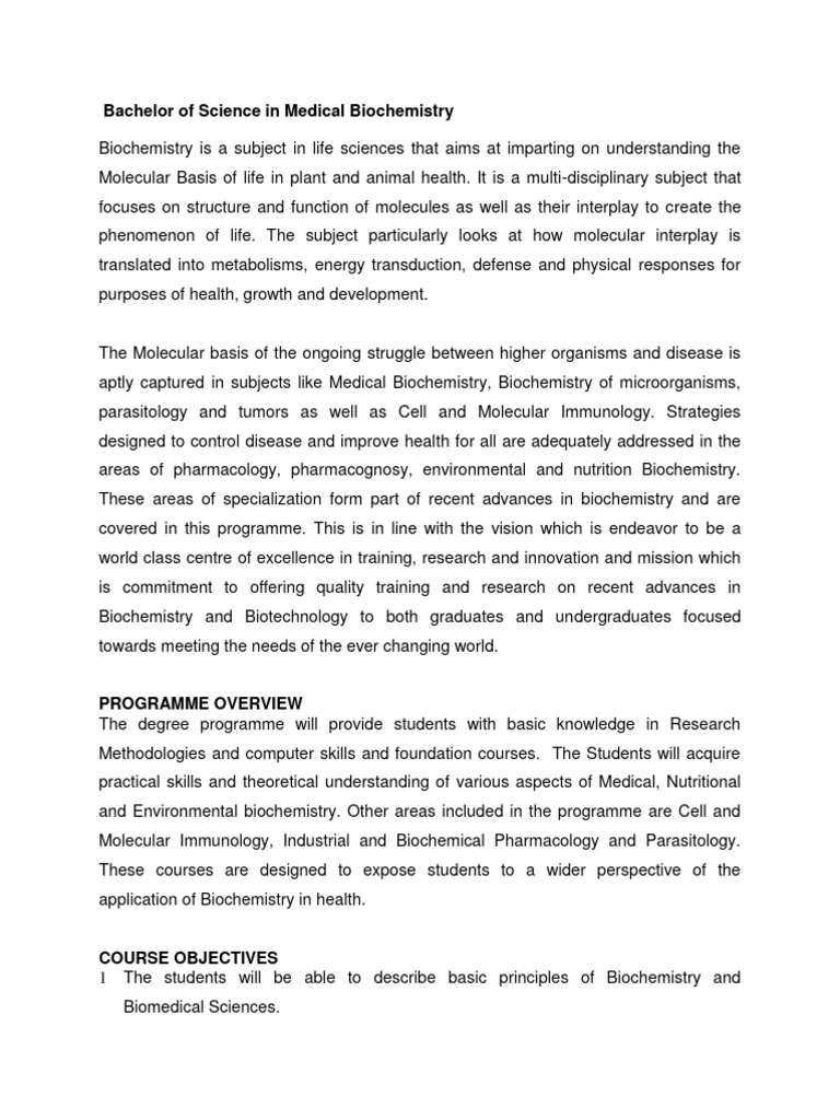 BSC in Medical Biochemistry | PDF | Pharmacology | Biochemistry