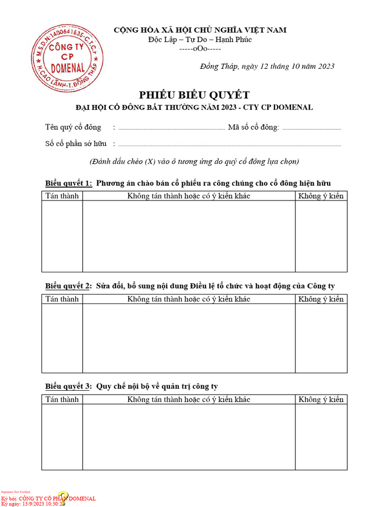 10 DMN 2023 9 13 B5923aa 4 Phieu Bieu Quyet 2023 | PDF