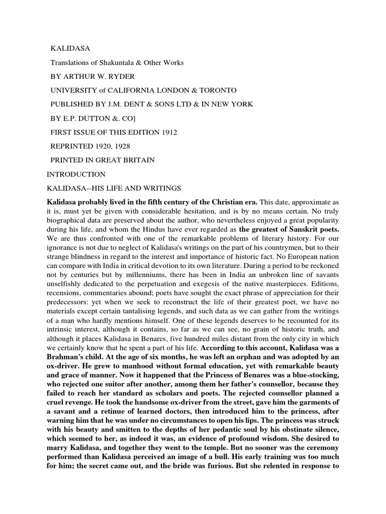 Kalidasa's Shakunthala | PDF | Classics