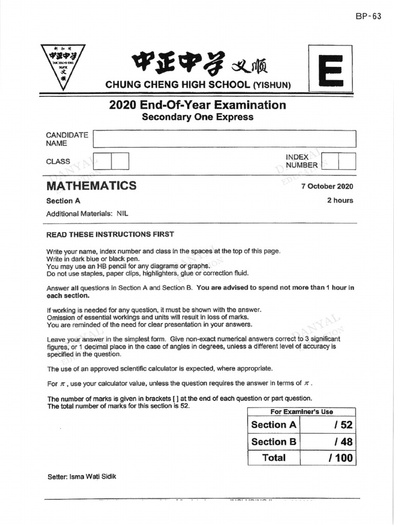 Chung Cheng High End of Year 2020 Sec 1 Math | PDF | Area | Mathematics