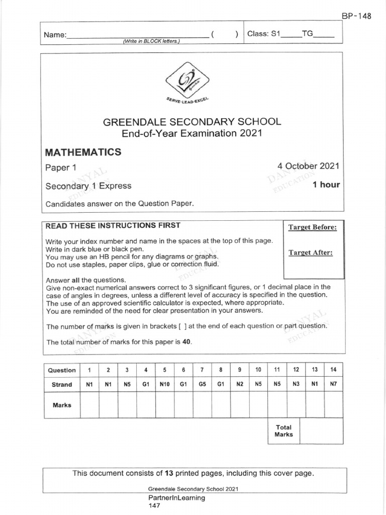Greendale Secondary SA2 2021 Sec 1 Math | PDF