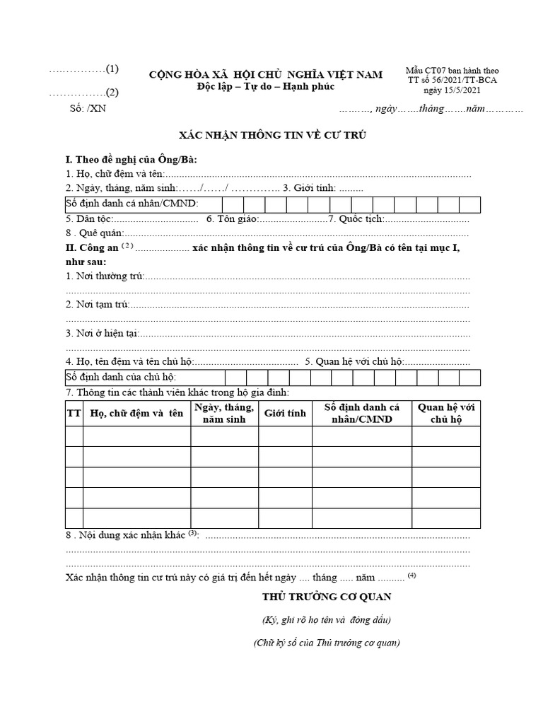 Mau Xac Nhan Thong Tin Cu Tru 1 | PDF